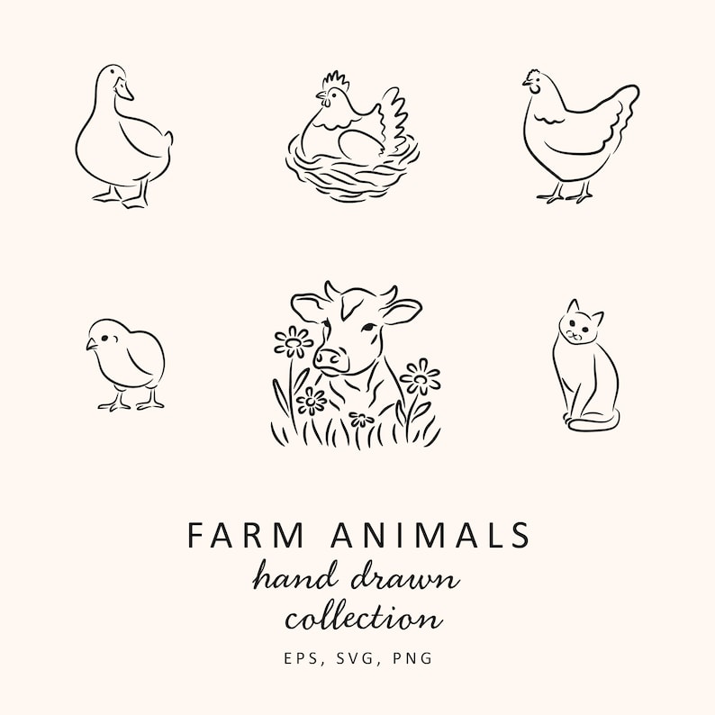 Farm Animal Line Art Clipart, Minimalist Animal SVG PNG Set, Farmhouse ...