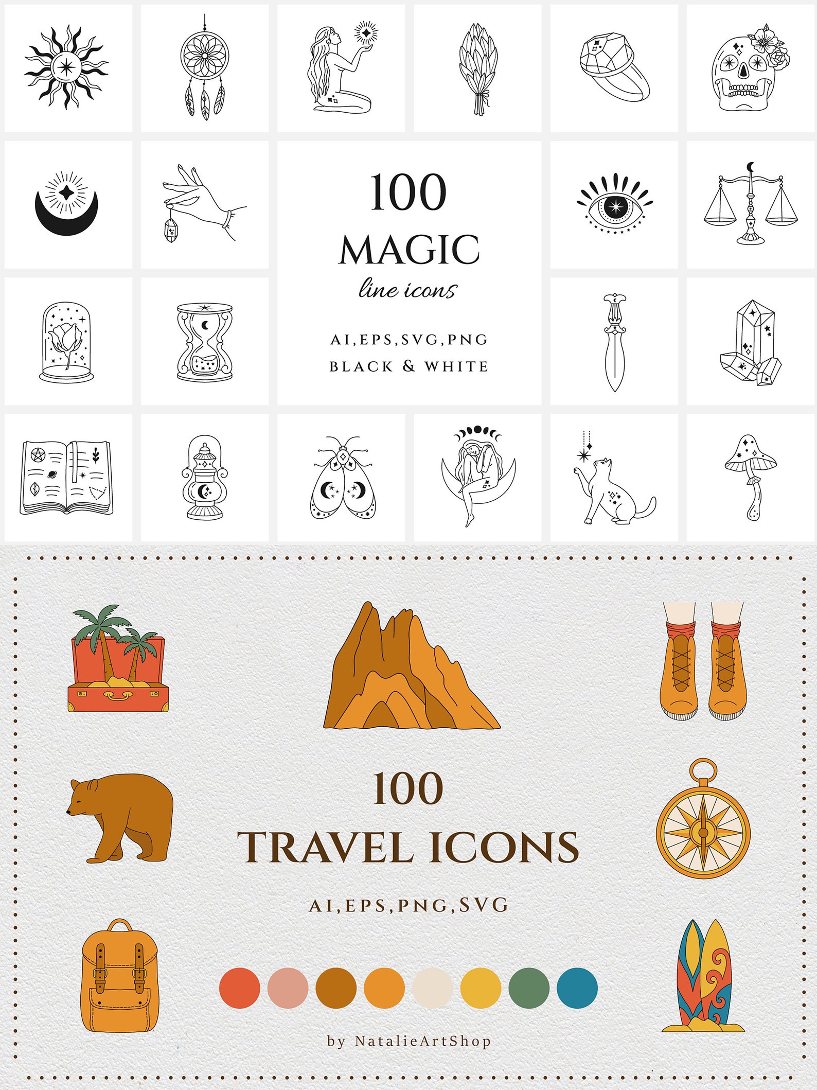 Digital Graphic Bundle Outlined Icon Set Line Floral Illustration Hand ...