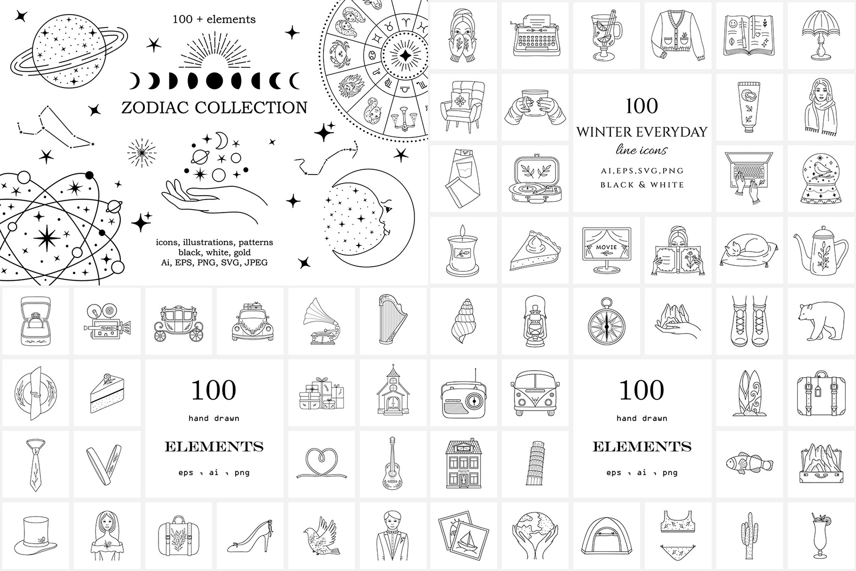Digital Graphic Bundle-outlined Icon Set-line Floral Illustration-hand ...