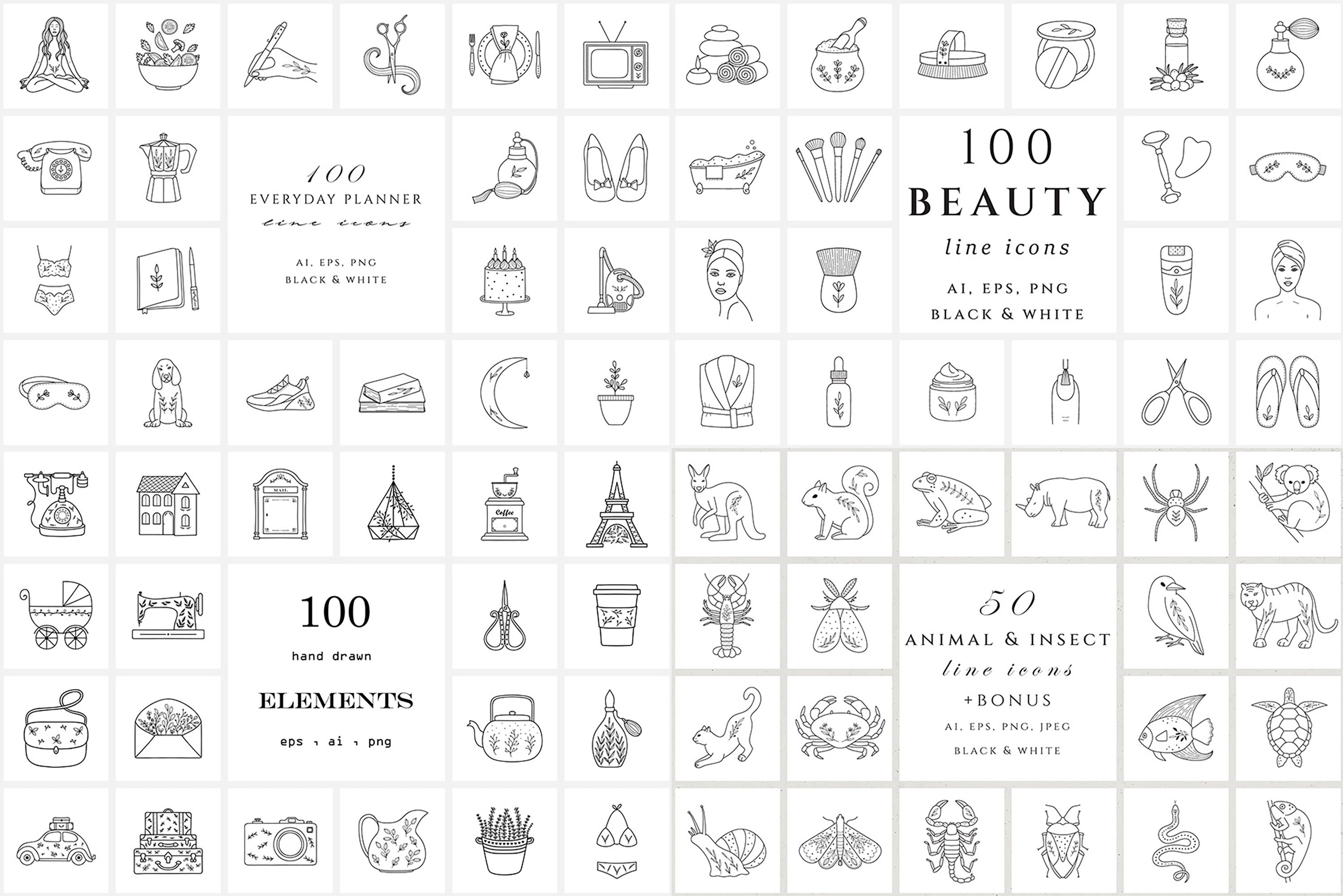 Digital Graphic Bundle-outlined Icon Set-line Floral Illustration-hand ...