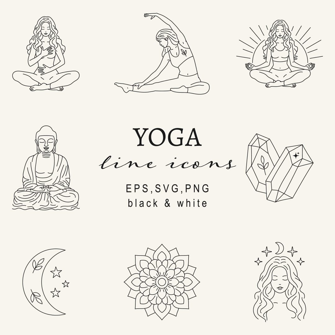 Line Art Yoga, Meditation Icons PNG, Mindfulness, Wellness Clipart SVG ...