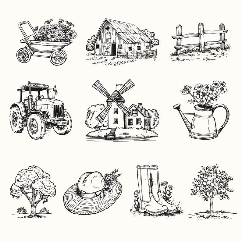 Farm Illustration Set-rustic Farmhouse Clipart Png-farming Gardening ...