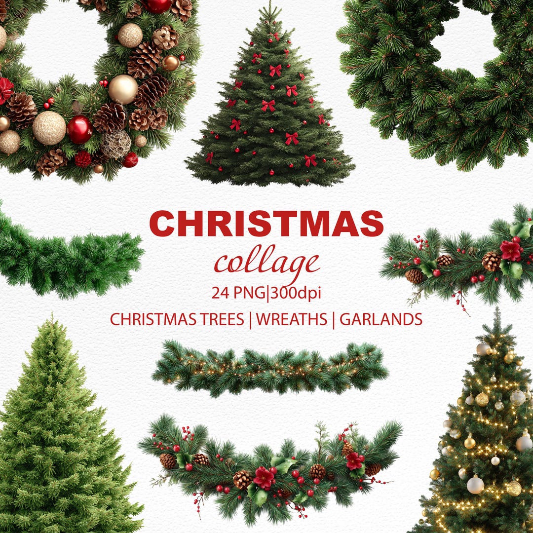 Christmas Trees & Wreaths PNG Collage Bundle | Holiday Garland Clipart ...