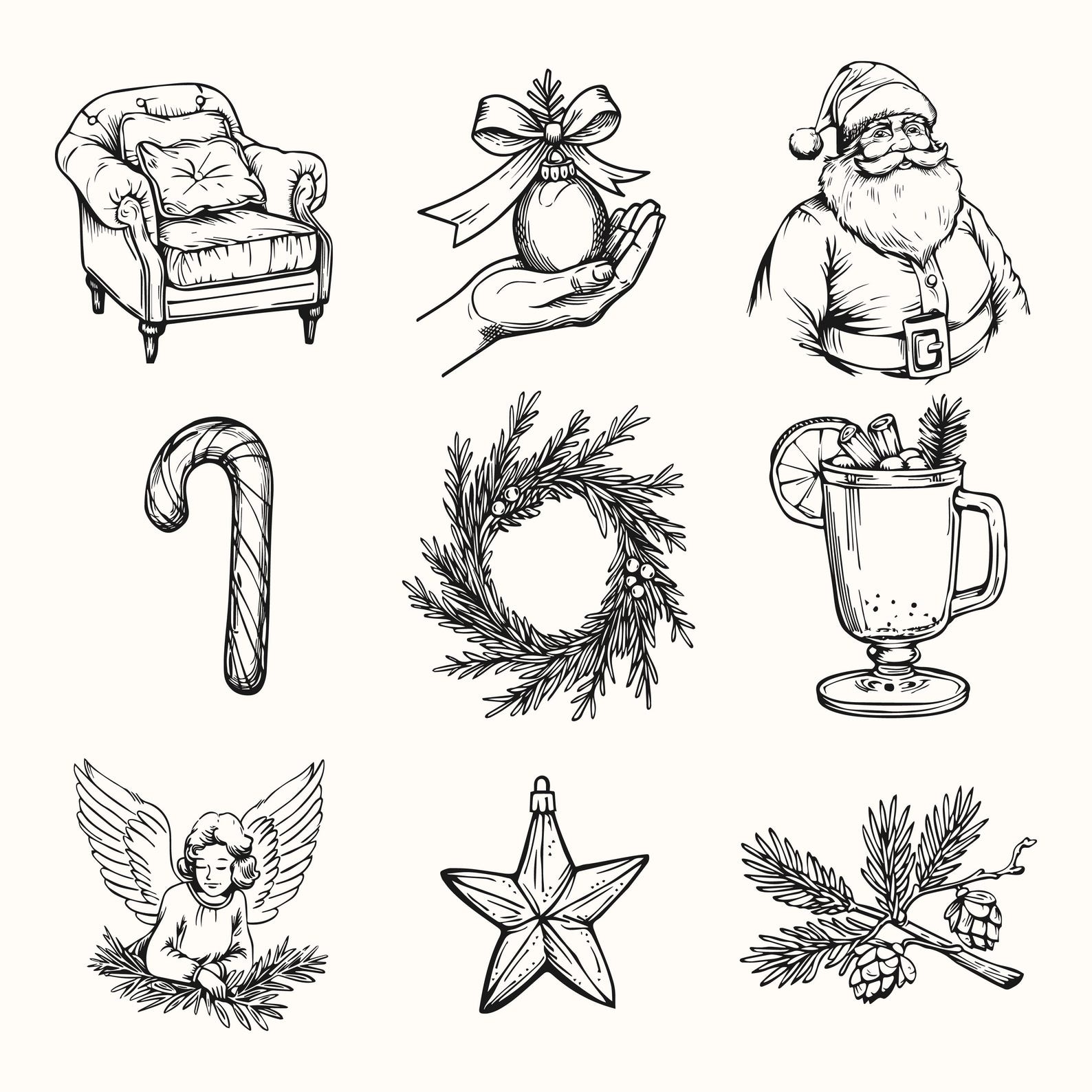 Vintage Christmas Illustration Set-hand-drawn Style Holiday Clipart ...