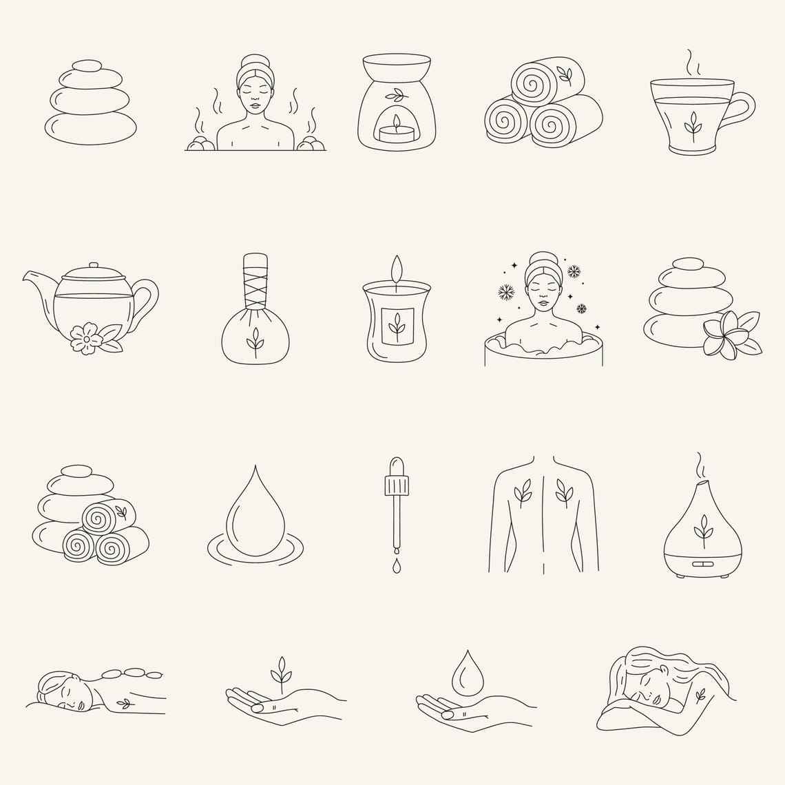 Minimalist Spa and Wellness Line Art Icons SVG, Self-care Outline ...