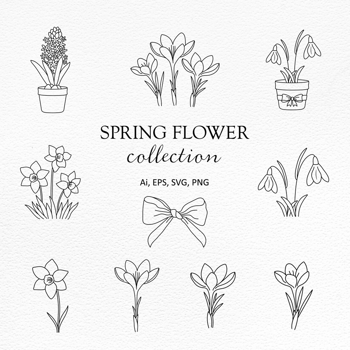 Spring Flower Set - Easter Clip Art - Outline Illustrations - Hand ...