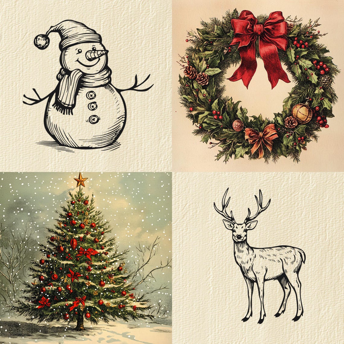 Vintage Christmas Illustration Set-hand-drawn Style Holiday Clipart ...