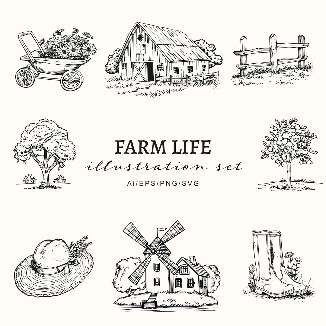 Farm Illustration Set-rustic Farmhouse Clipart Png-farming Gardening ...