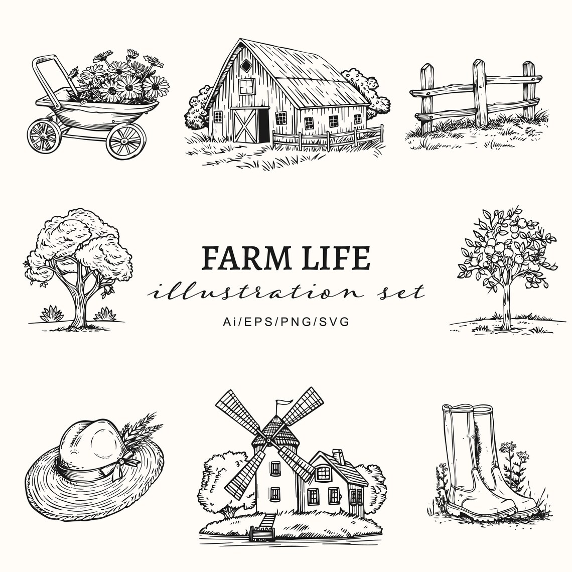 Farm Illustration Set-rustic Farmhouse Clipart Png-farming Gardening ...
