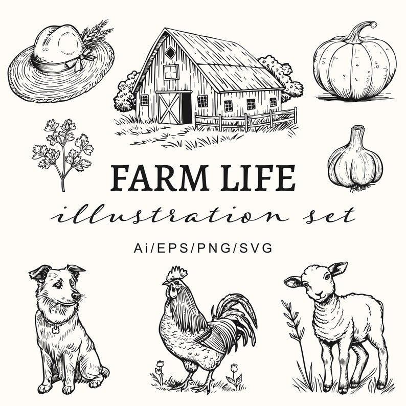 Farm Illustration Set-hand-drawn Rustic Farmhouse Clipart Png-farming ...