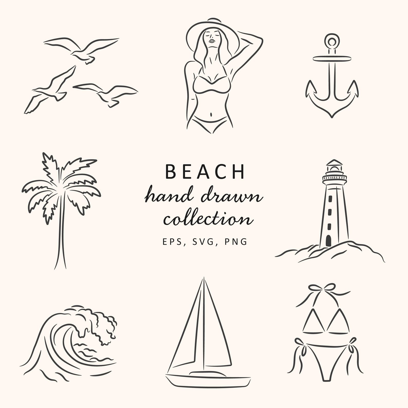 Beach Line Art Clipart Set, Summer Coastal Illustrations SVG ...