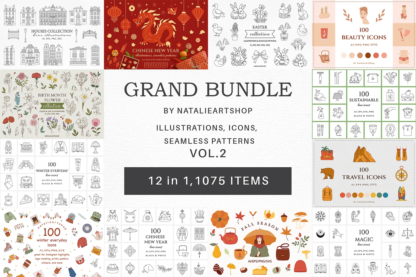 Digital Graphic Bundle Outlined Icon Set Line Floral Illustration Hand ...