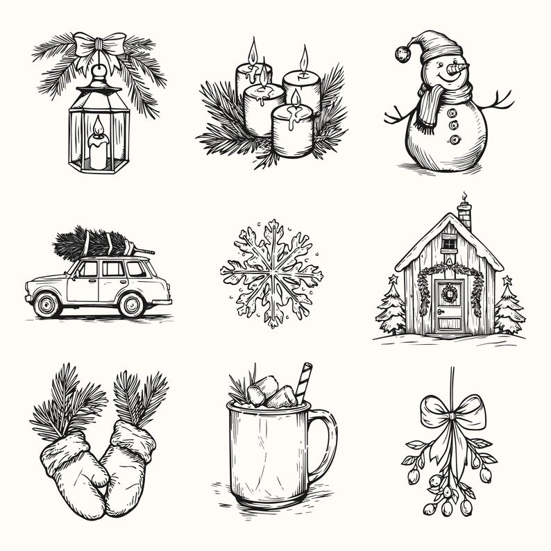 Vintage Christmas Illustration Set-hand-drawn Style Holiday Clipart ...