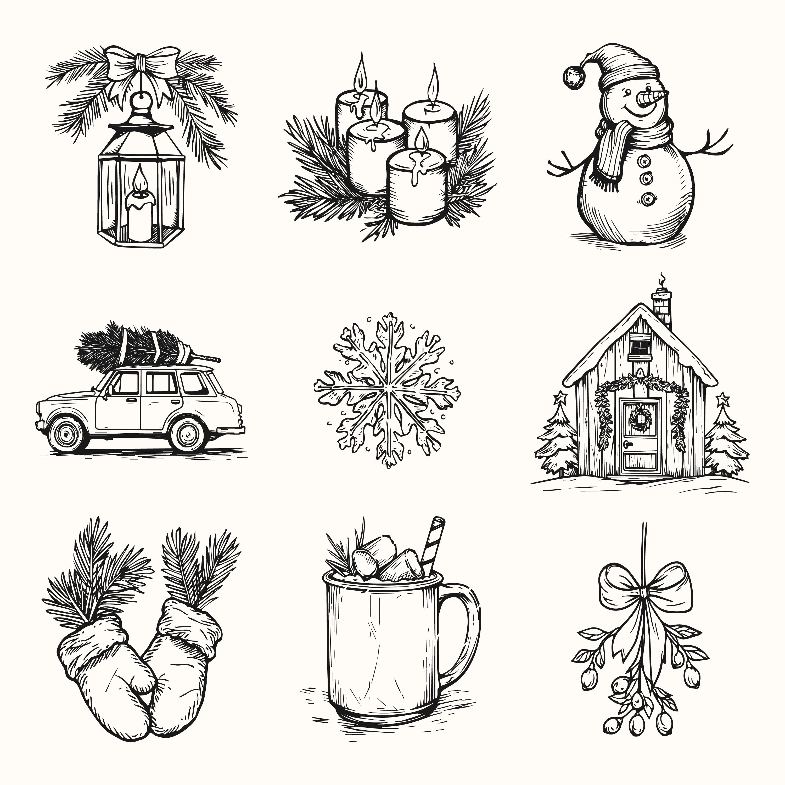 Vintage Christmas Illustration Set-hand-drawn Style Holiday Clipart ...