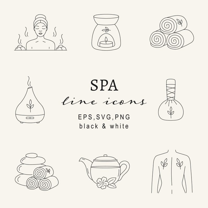 Minimalist Spa and Wellness Line Art Icons SVG, Self-care Outline ...