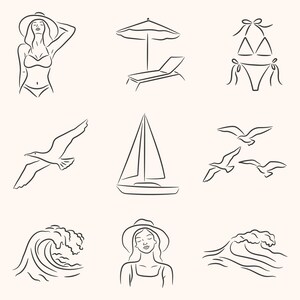 Beach Line Art Clipart Set, Summer Coastal Illustrations SVG ...