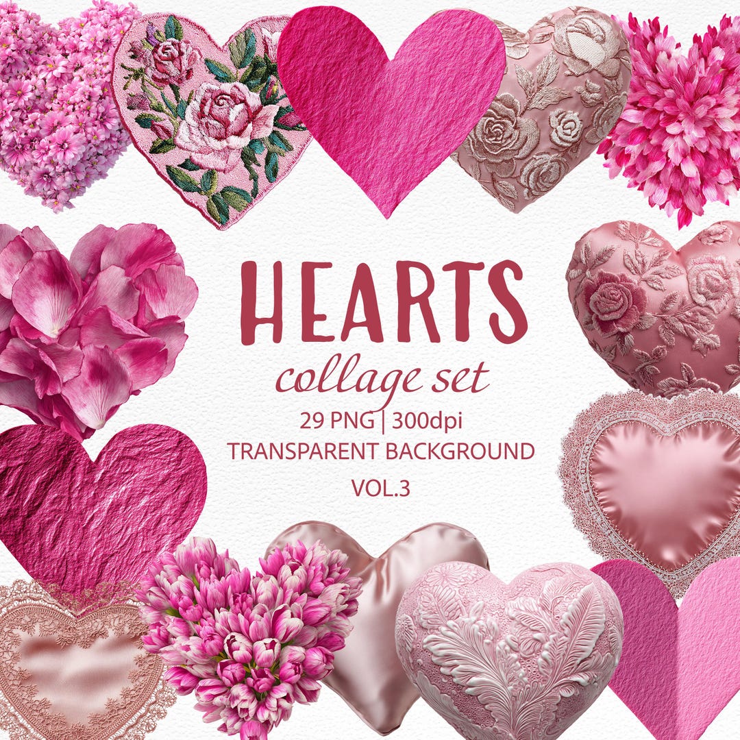 Pink Heart Clipart Bundle, Valentine Hearts Collage PNG, Plush Fabric ...