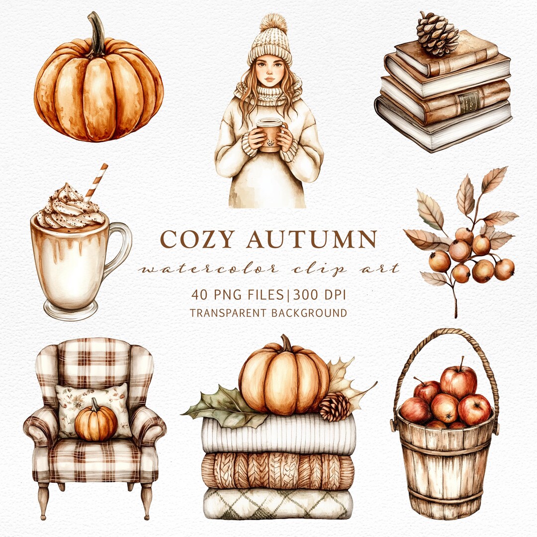 Cozy Fall Clipart Bundle, Watercolor Autumn Clipart, Warm Autumn Clip ...