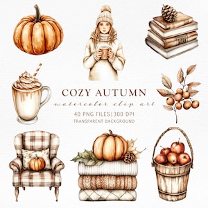 Cozy Fall Clipart Bundle, Watercolor Autumn Clipart, Warm Autumn Clip ...