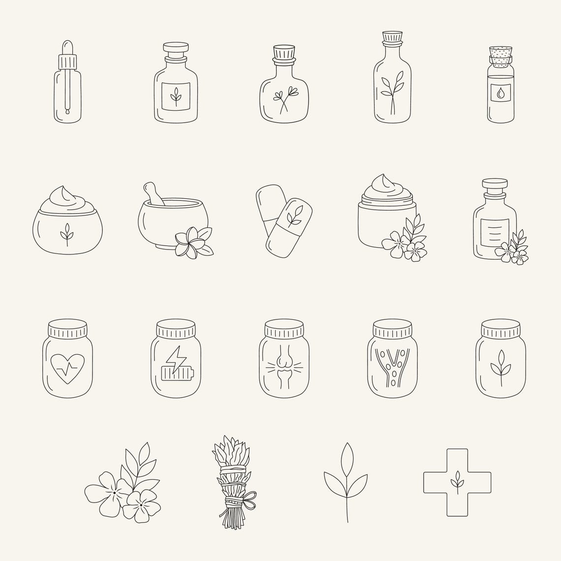 Herbal Medicine Line Art Icons SVG, Minimalist Apothecary Clipart Set ...