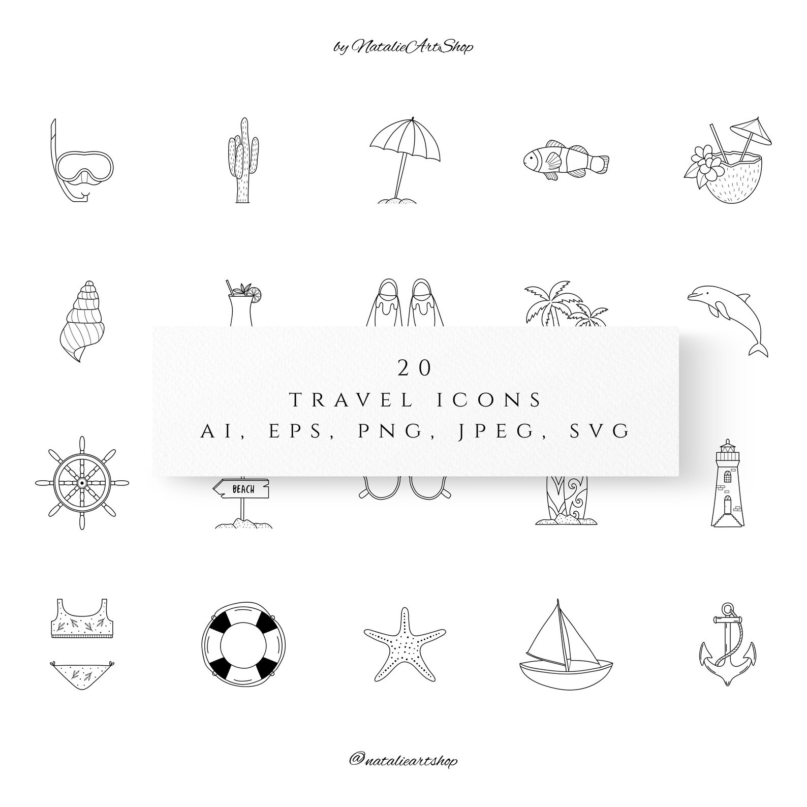 Travel Icons Set PNG Traveling Elements Vector Beach Illustrations Line ...