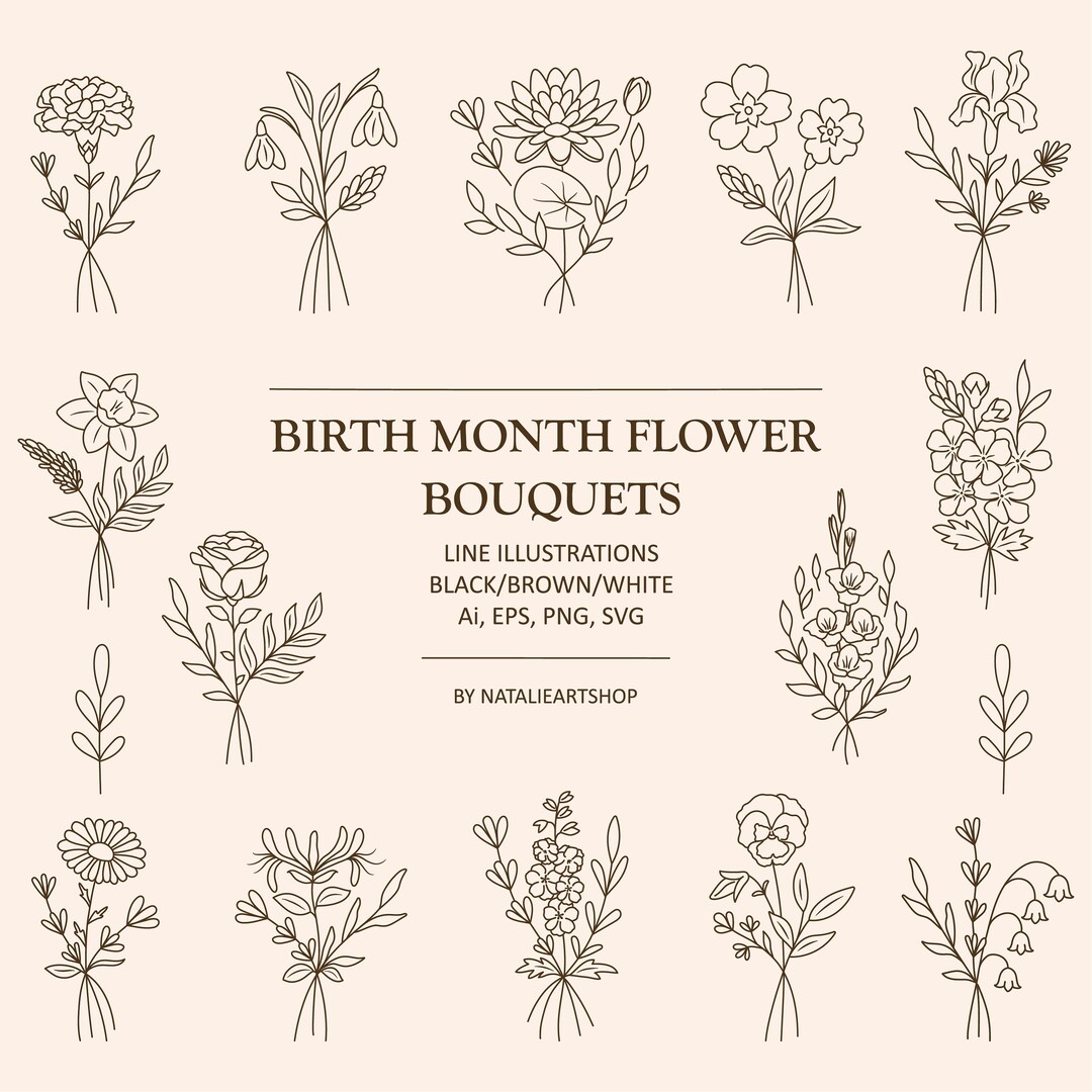Birth Month Flower Bouquet Set/birth Month Flowers Png/birthmonth ...