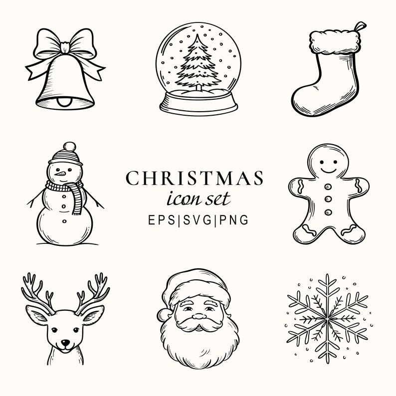 Christmas Doodle Clipart Set, Holiday Icons, Black and White Line Art ...