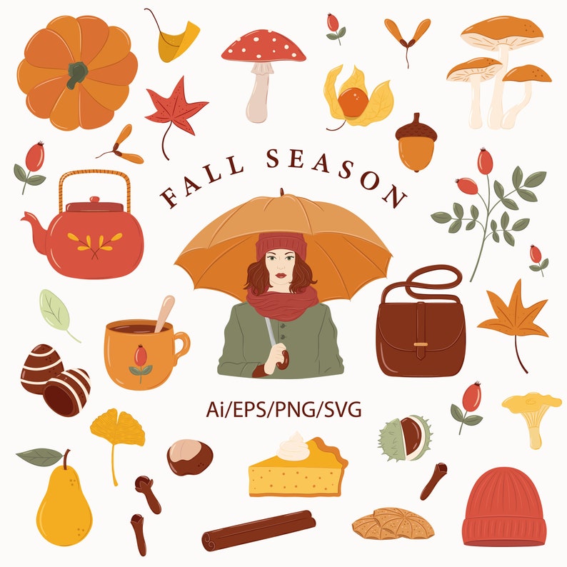 Fall Season Illustration Set/autumn Clipart/harvest Season/fall Leaves ...