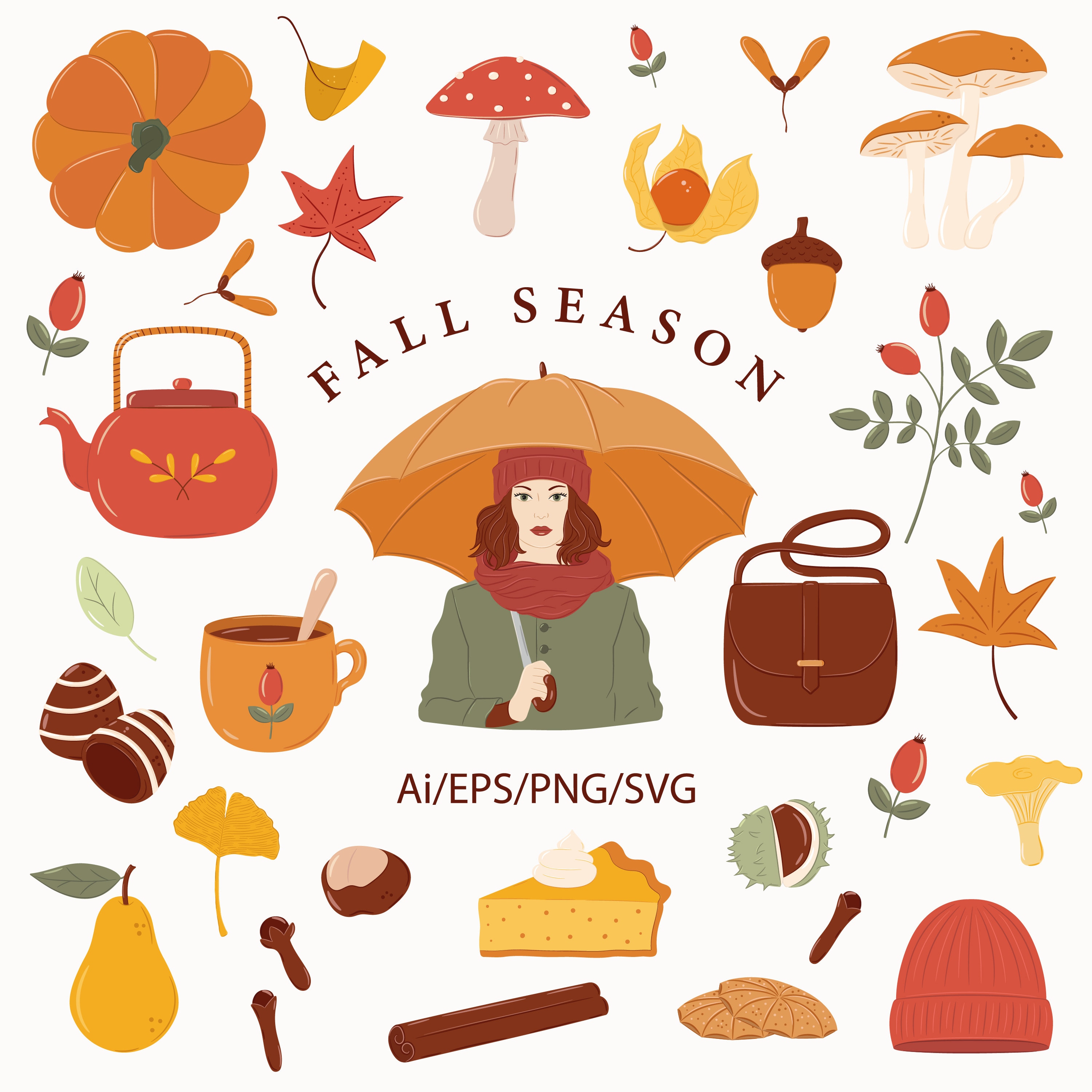 Fall Season Illustration Set/autumn Clipart/harvest Season/fall Leaves ...