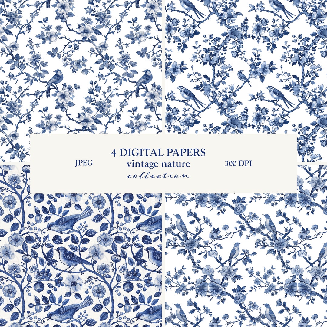 Vintage Digital Paper-floral Seamless Pattern-birds-flowers Paper Set ...