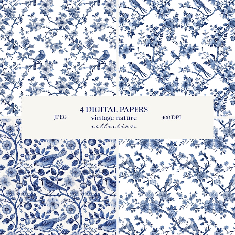 Vintage Digital Paper-floral Seamless Pattern-birds-flowers Paper Set ...