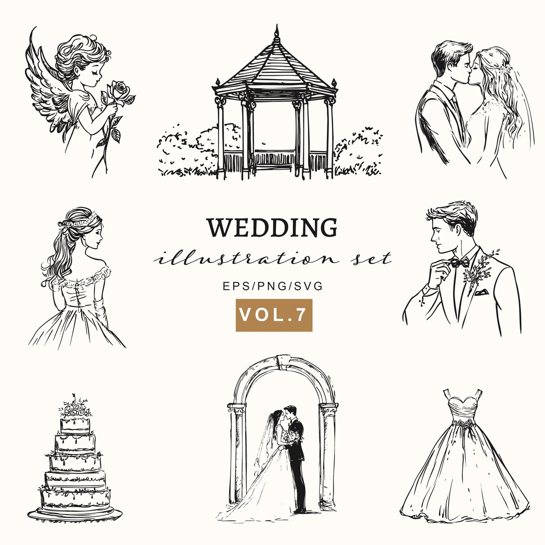 Line Wedding Illustration Bundle, Floral & Venue Graphics for ...