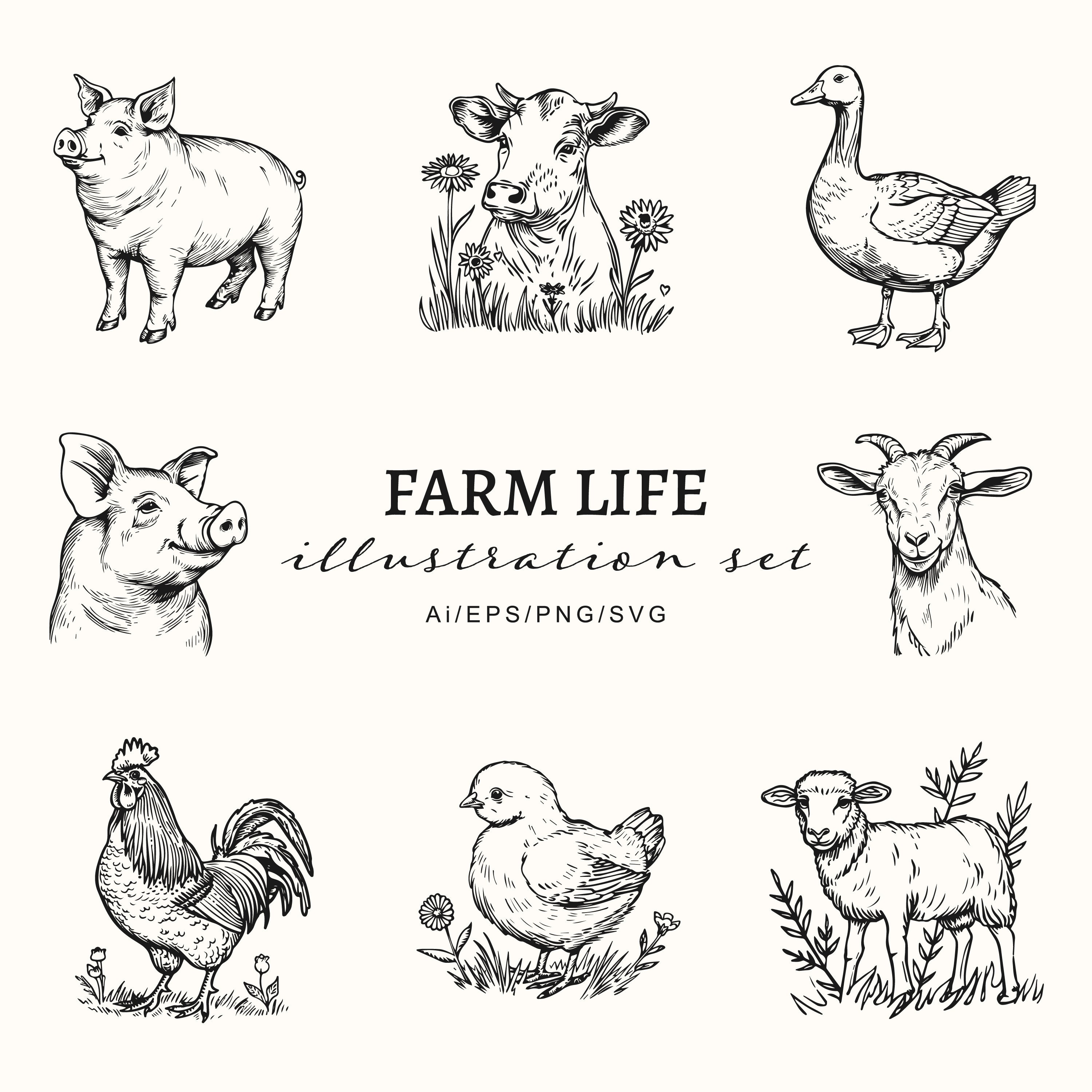 Farm Animals Illustration Set-rustic Farmhouse Clipart Png-farming Clip ...