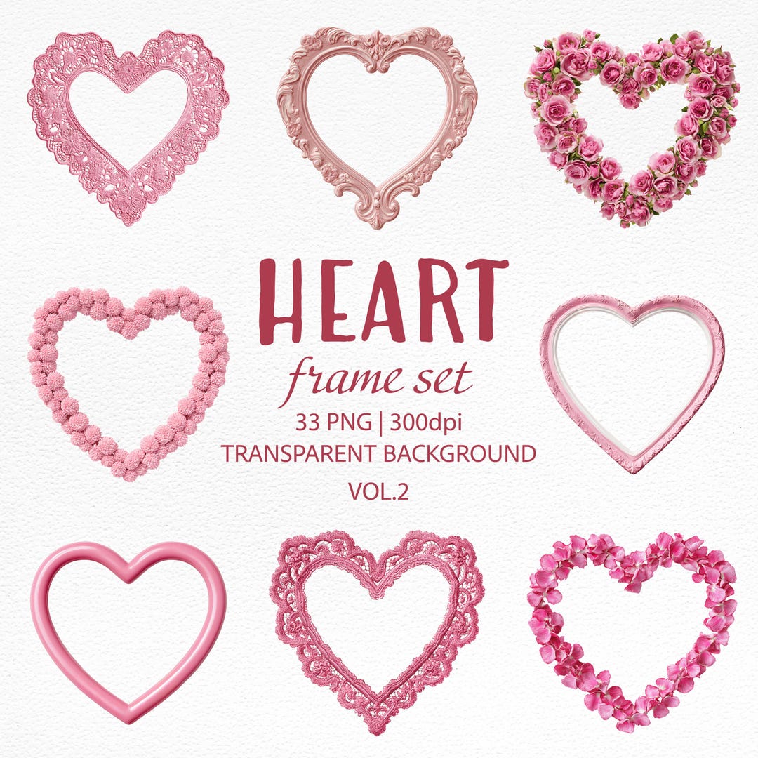 Pink Heart Frames Clipart Bundle | Lace, Fuzzy & Fur Hearts PNG Collage ...