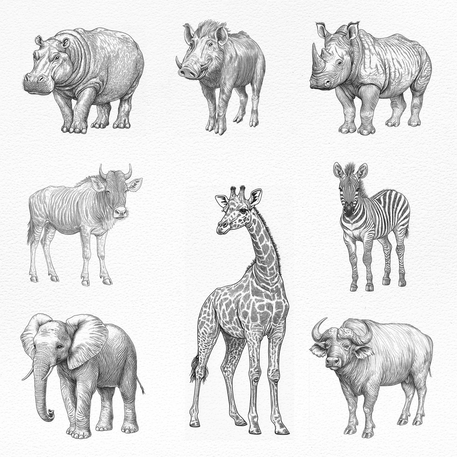 Vintage African Animal Clipart, Safari Wildlife Sketch PNG Bundle ...