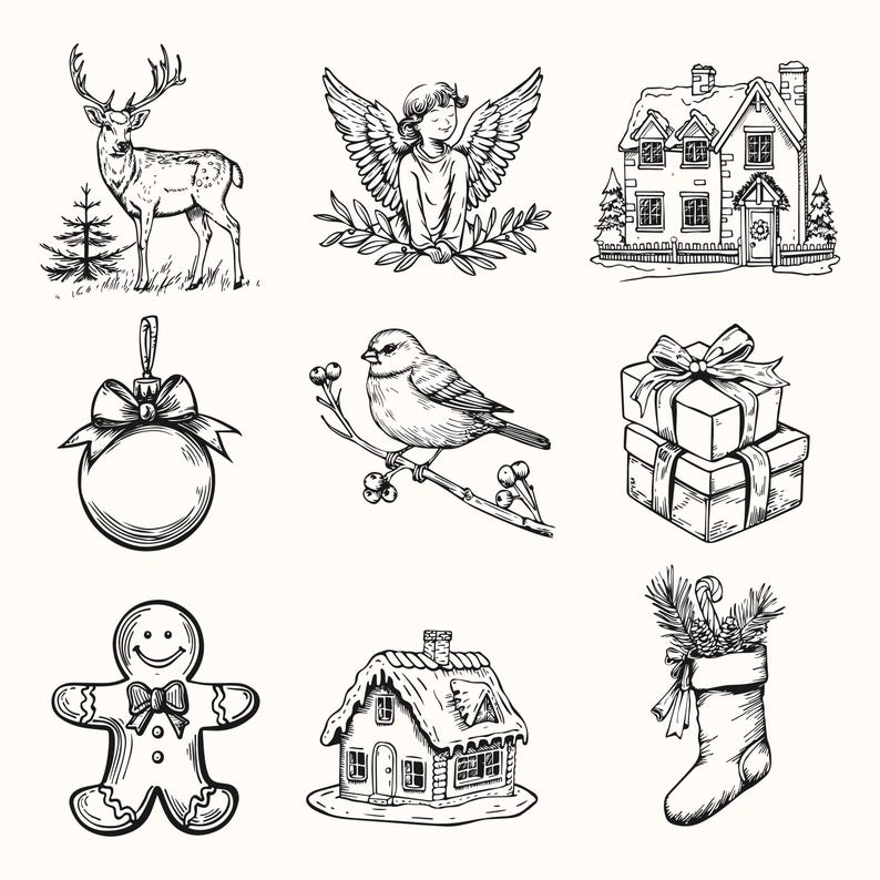 Vintage Christmas Illustration Set-hand-drawn Style Holiday Clipart ...