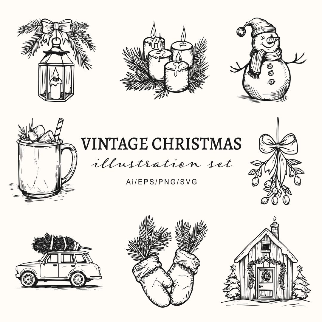 Vintage Christmas Illustration Set-hand-drawn Style Holiday Clipart ...