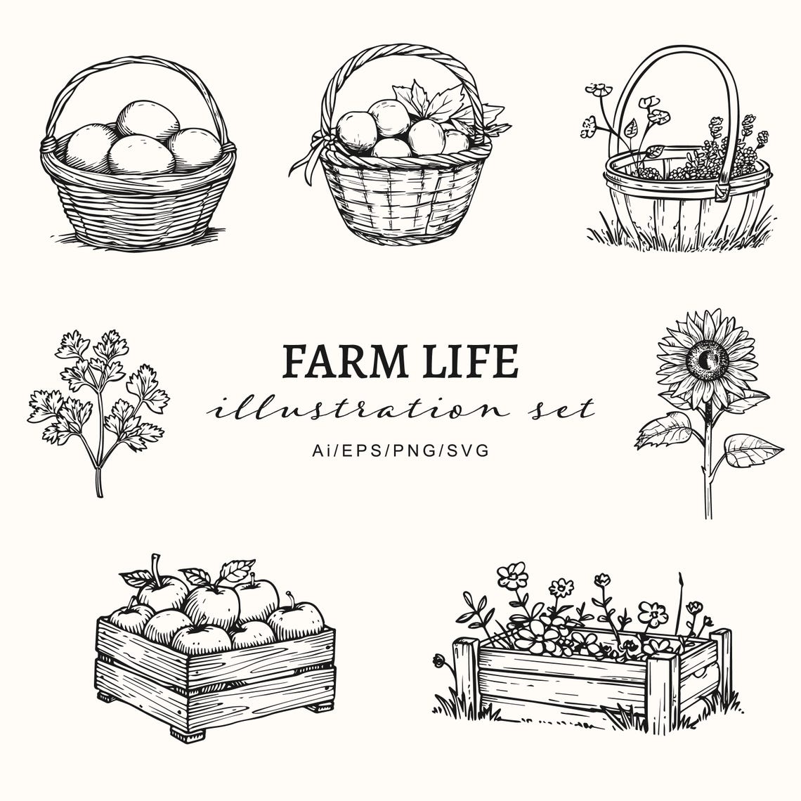 Farm Illustration Set-rustic Farmhouse Clipart Png-farming Gardening ...