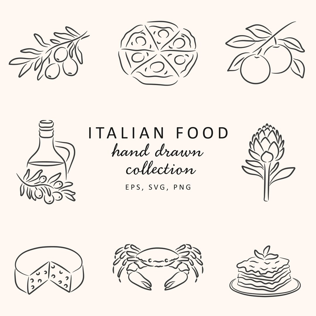 Hand Drawn Italian Food Icons, Minimalist Line Art Clipart Set for ...