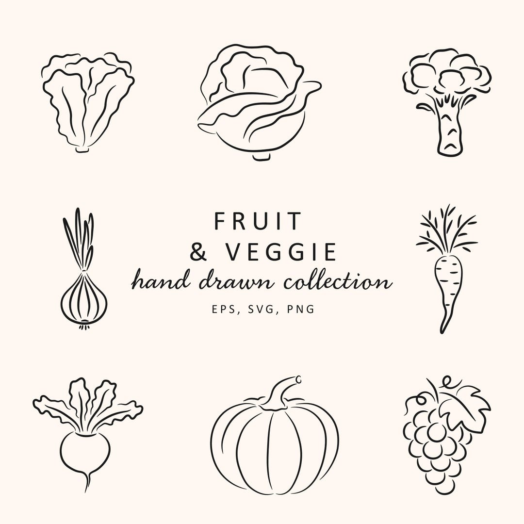 Fruit and Vegetable Line Art Bundle, Farm Produce Clipart PNG, Hand ...