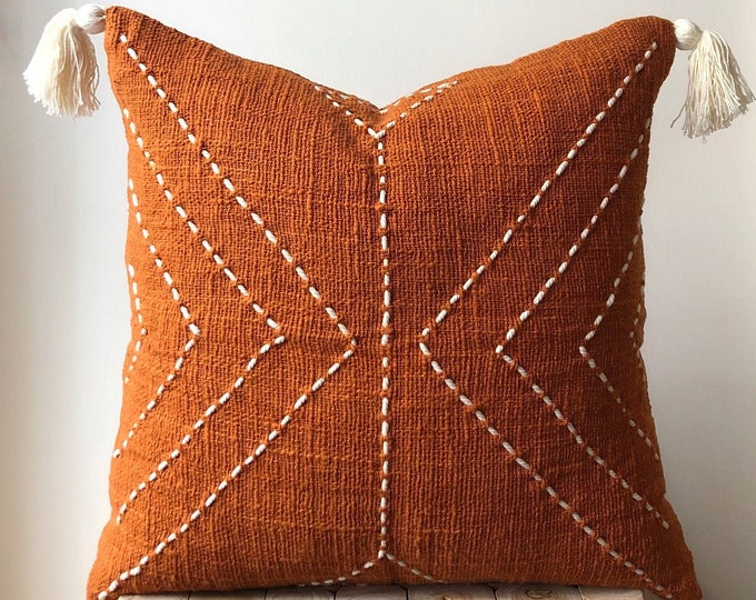 Burnt Orange Pillow With Tassels. Organic Natural Raw Cotton. Hand-dyed ...