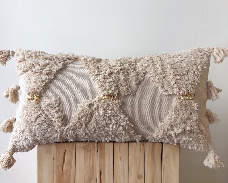 Moroccan embellished neutral cushion with tassels. Textured | Etsy
