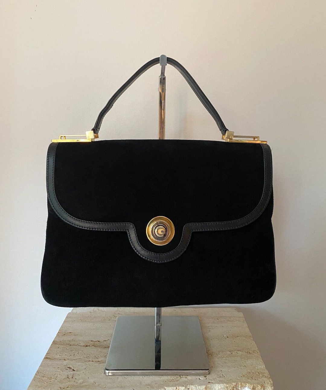 Vintage Gucci Black Suede Push Lock Handbag Rare & Authentic - Etsy