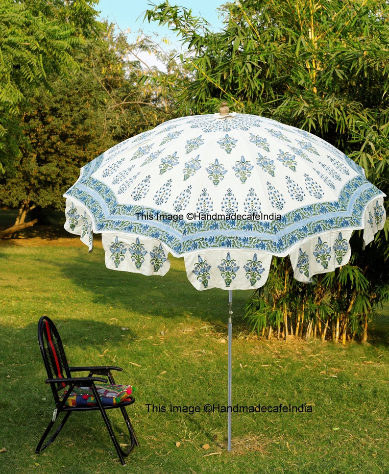 White Block Printed Garden Umbrella Indian Patio Parasol Sun | Etsy