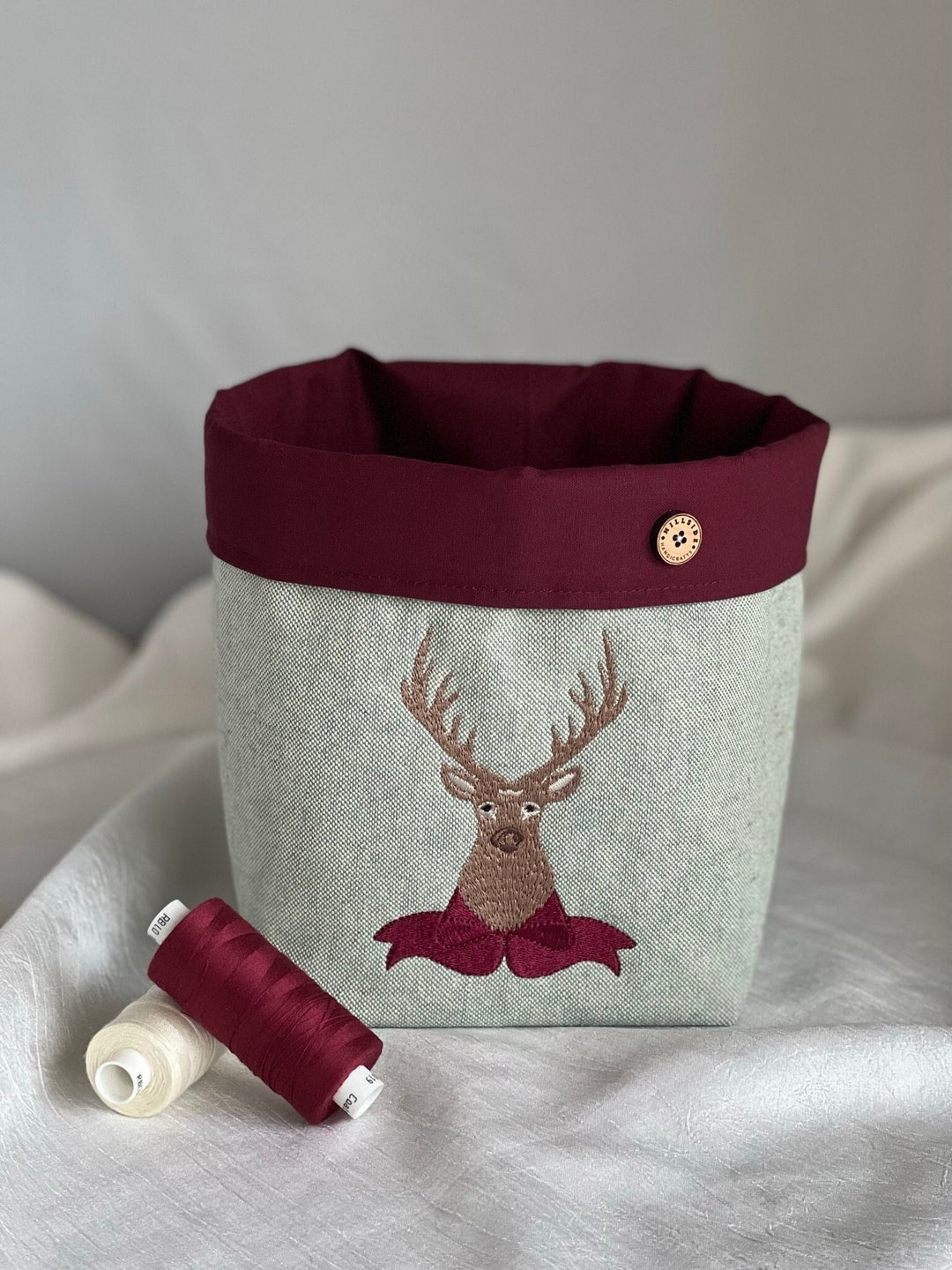 Stag Design Fabric Storage or Gift Box. Machine Embroidered Stag on ...
