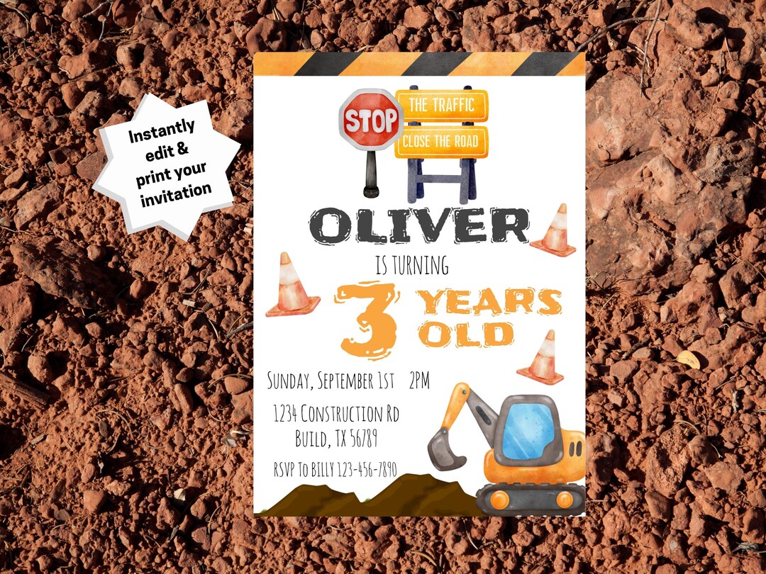 Stop the Traffic Construction Birthday Party Invitation 3 Years Old ...