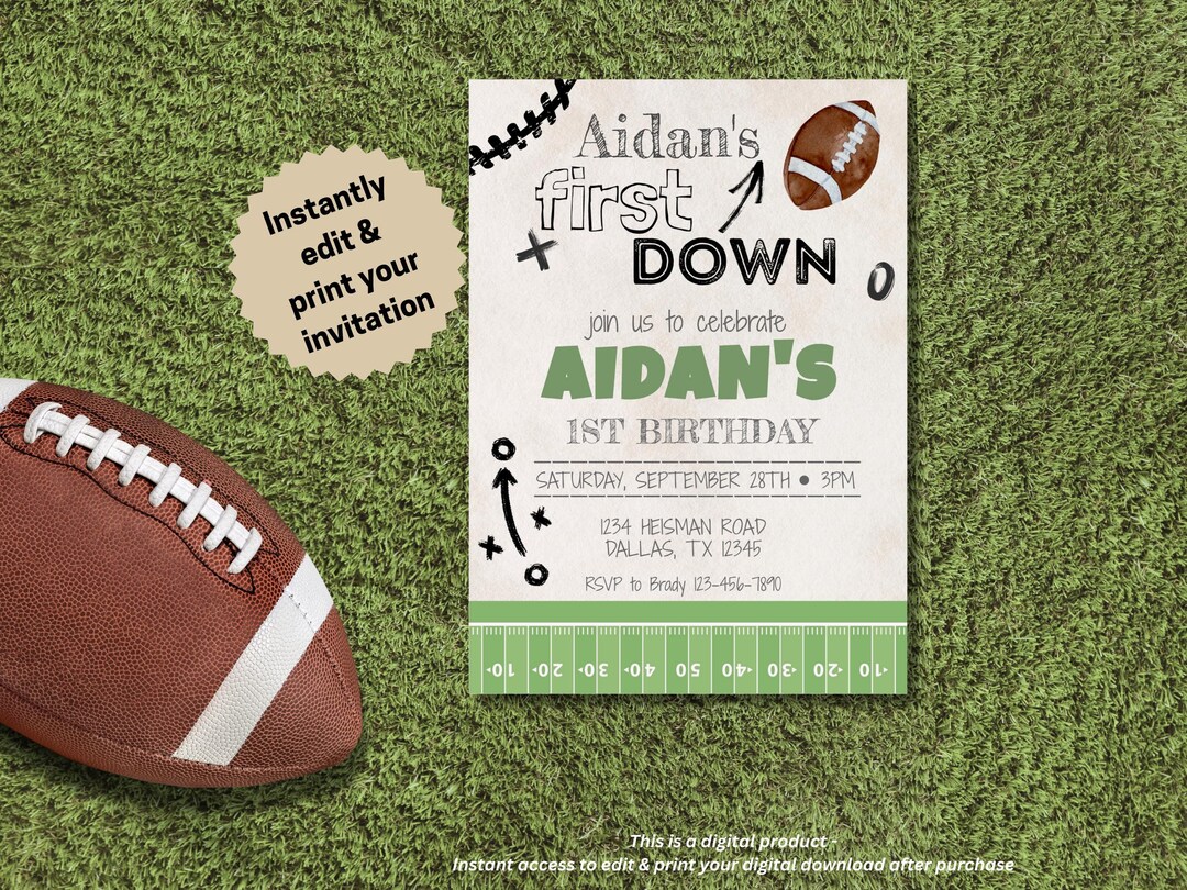 First Down Football Birthday Invitation 1st Down Football Birthday Boy ...