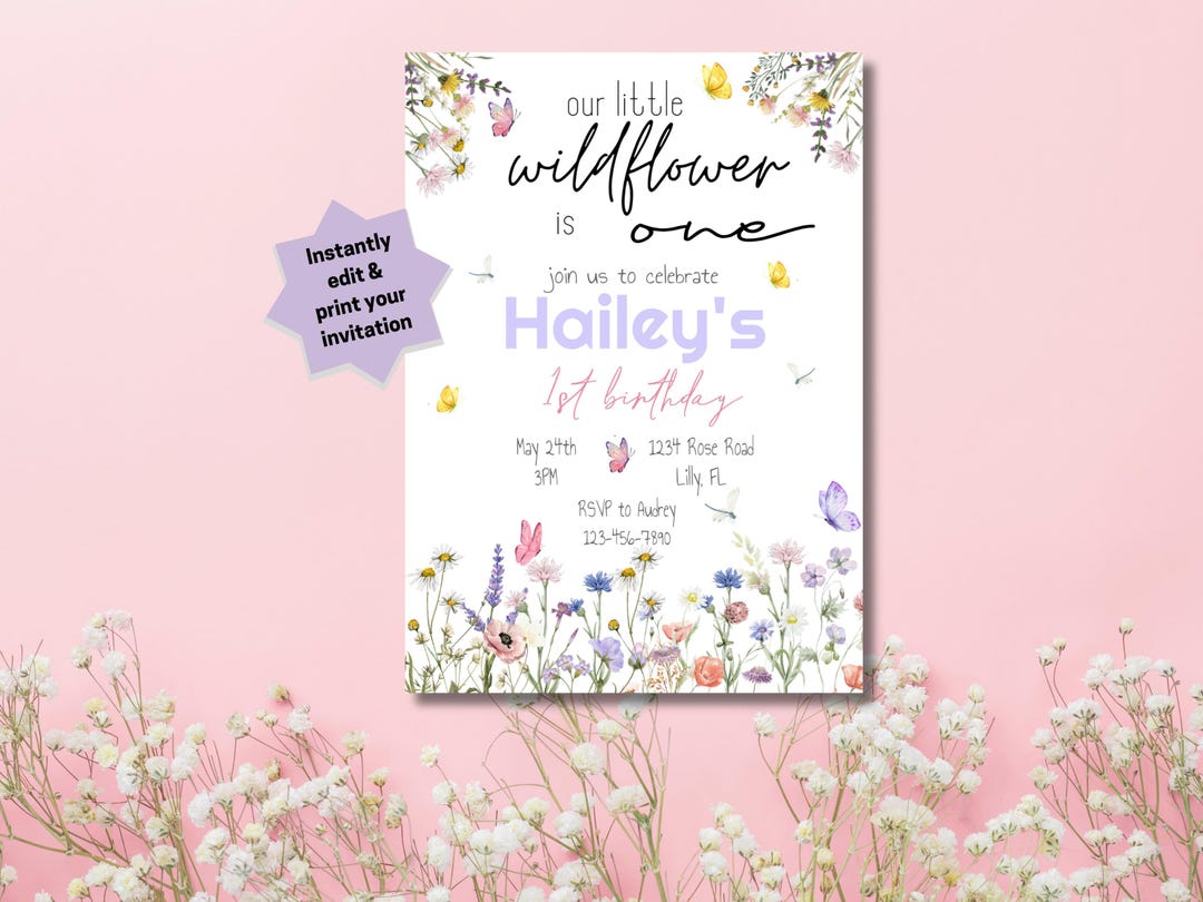 Wildflower Birthday Invite Our Little Wildflower is One Invitation 1st ...