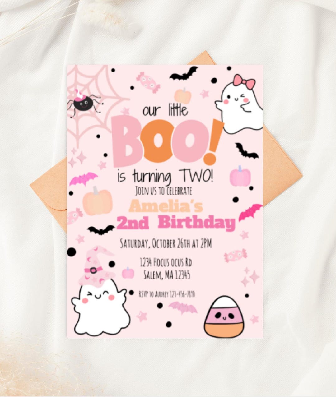 EDITABLE Little Boo is Two Ghost Invitation Pink | Halloween Spooky 2nd ...