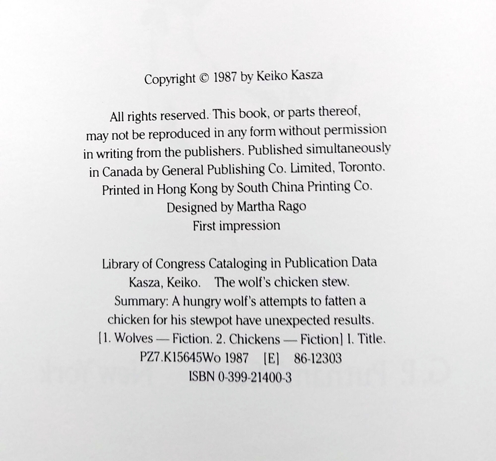 WOLF'S CHICKEN Stew, Keiko Kasza, First Printing in Dust Jacket, 1987 ...